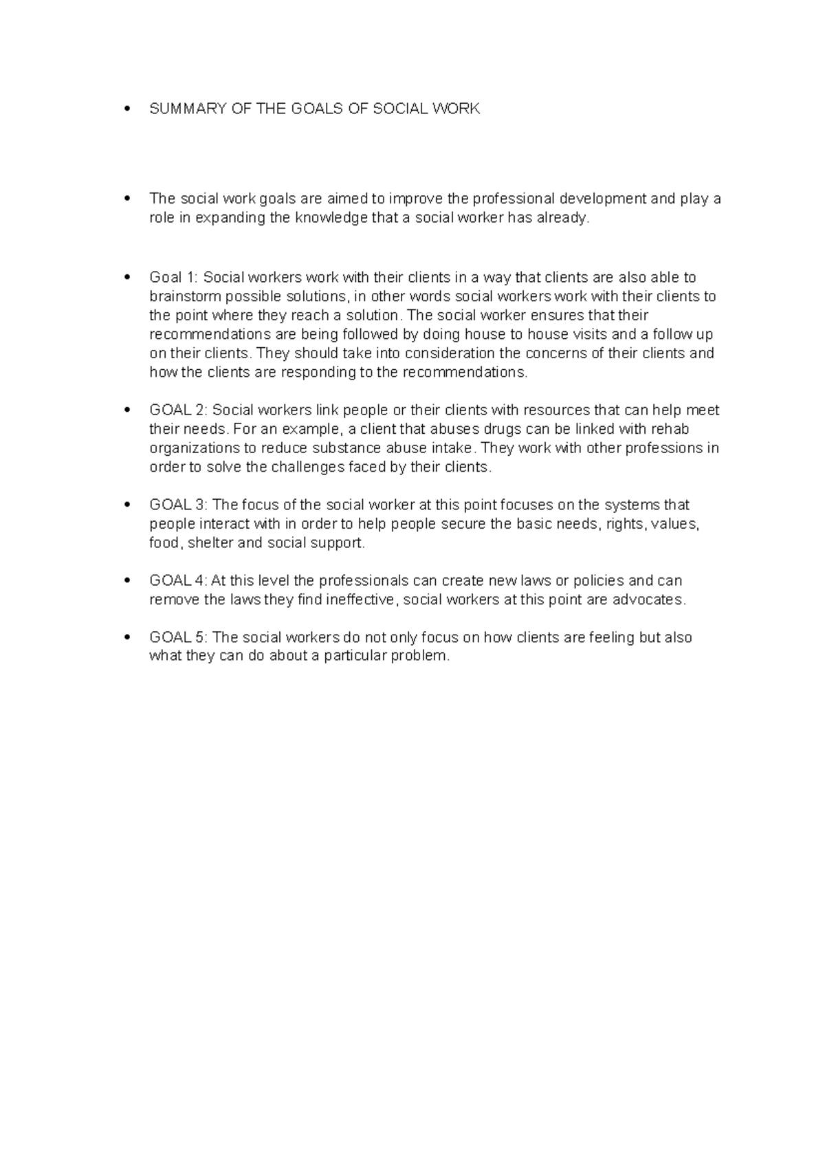 Summary OF THE Goals OF Social WORK - SUMMARY OF THE GOALS OF SOCIAL ...