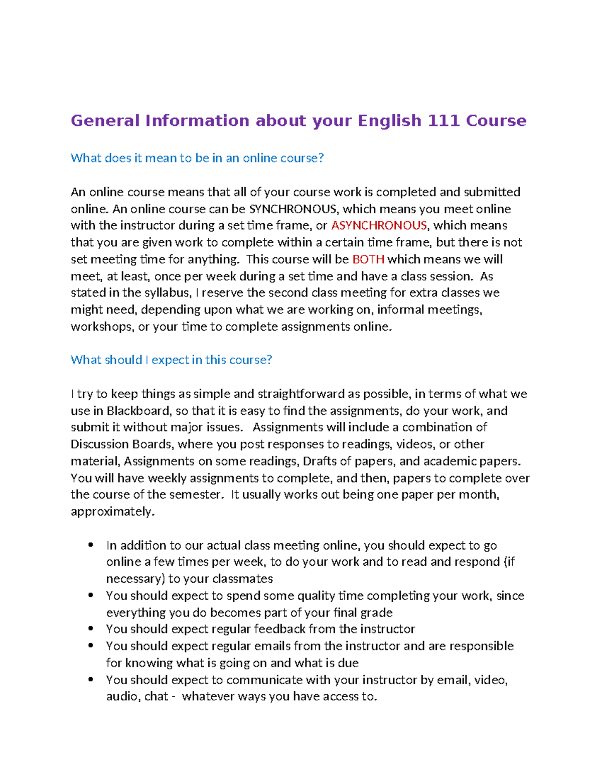 General Information about your online English 111 Course - General ...