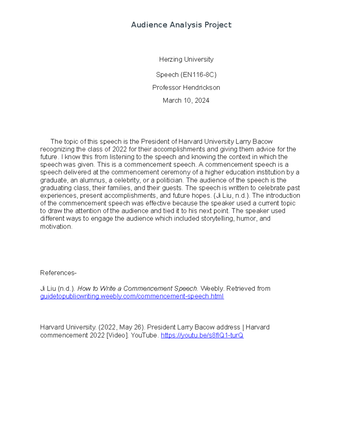 Unit 1 assessement speech - Audience Analysis Project Herzing ...