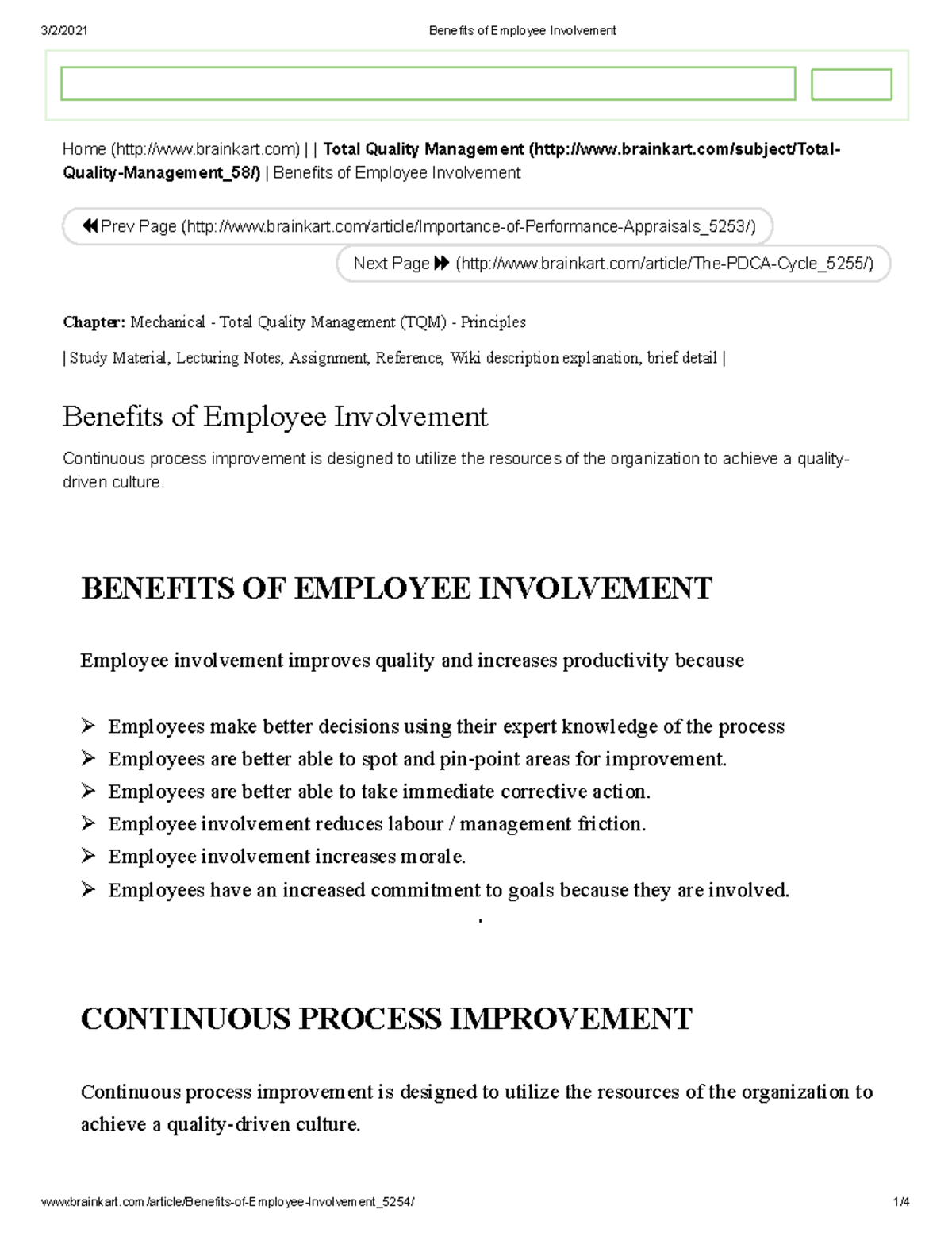 Benefits of Employee Involvement - Prev Page - Studocu