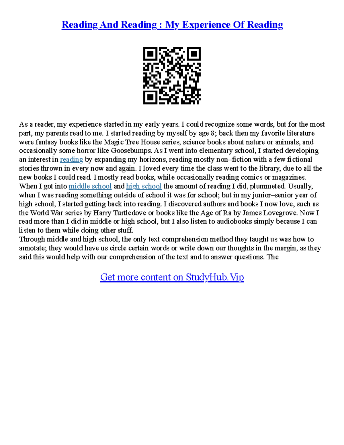 Reading Essays Reading Essays - Reading And Reading : My Experience Of ...