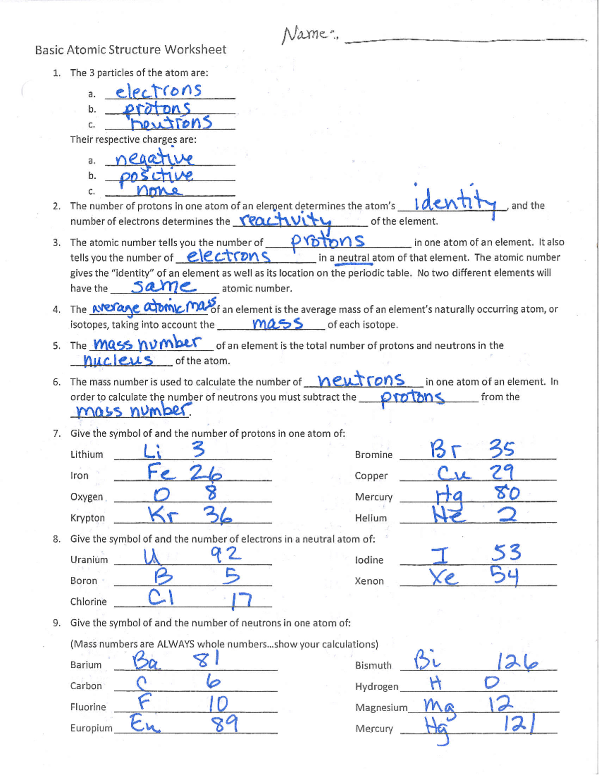 Atom basic practice good key - Name, Basic Atomic Structure Worksheet 1 ...
