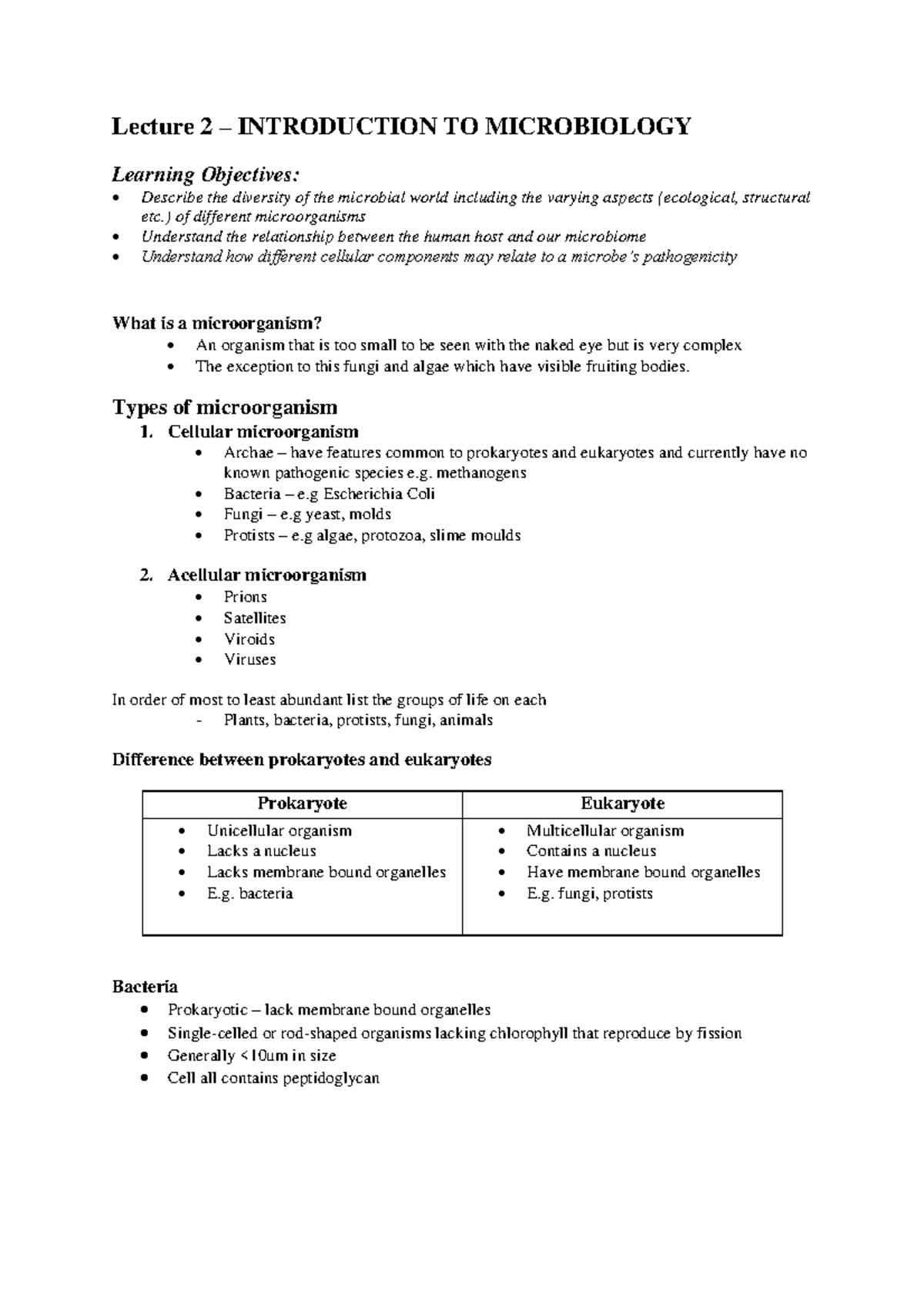 Lecture 2 - Lecture 2 – INTRODUCTION TO MICROBIOLOGY Learning Objectives: Describe the diversity ...