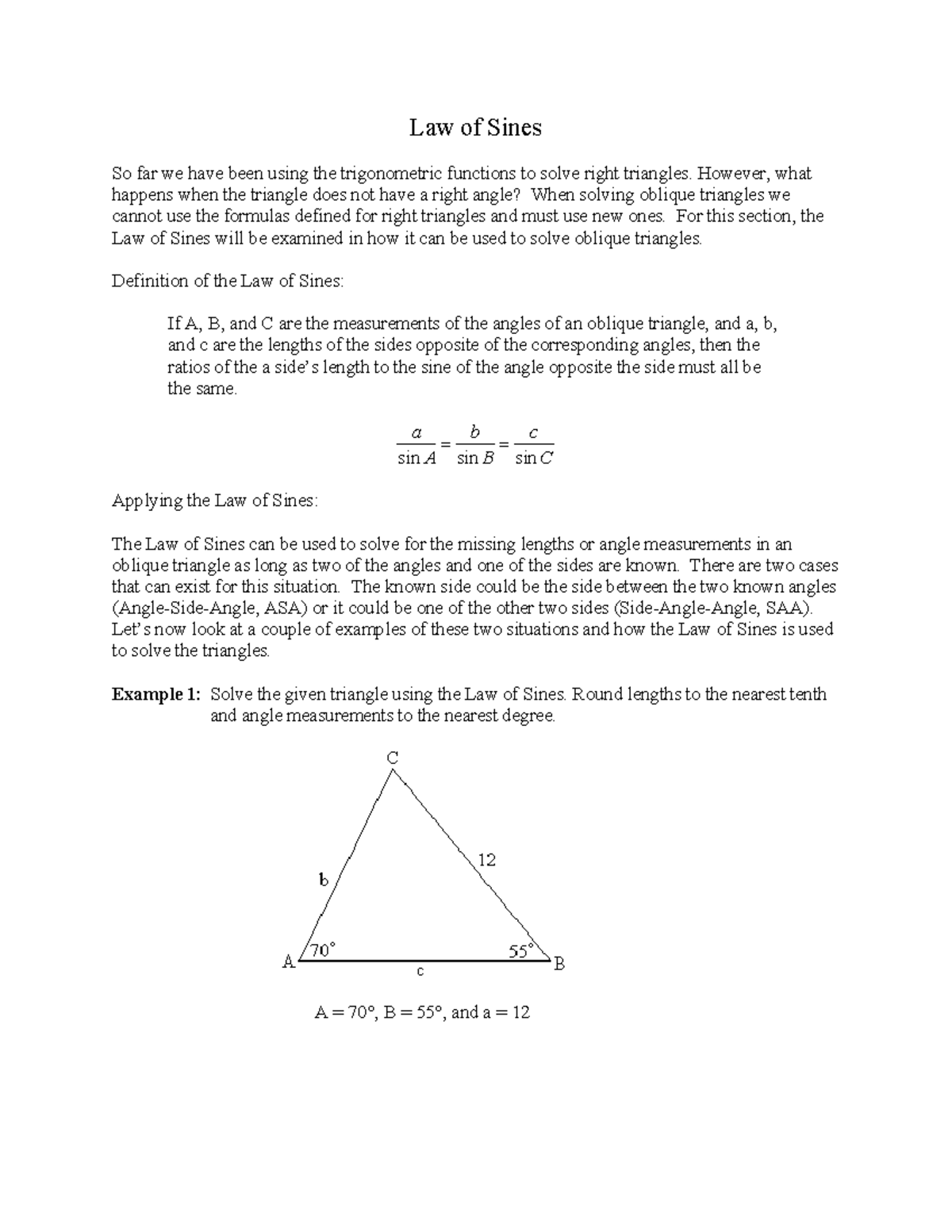 Math2412 law of sines - Lecture notes 1 - Law of Sines So far we have ...