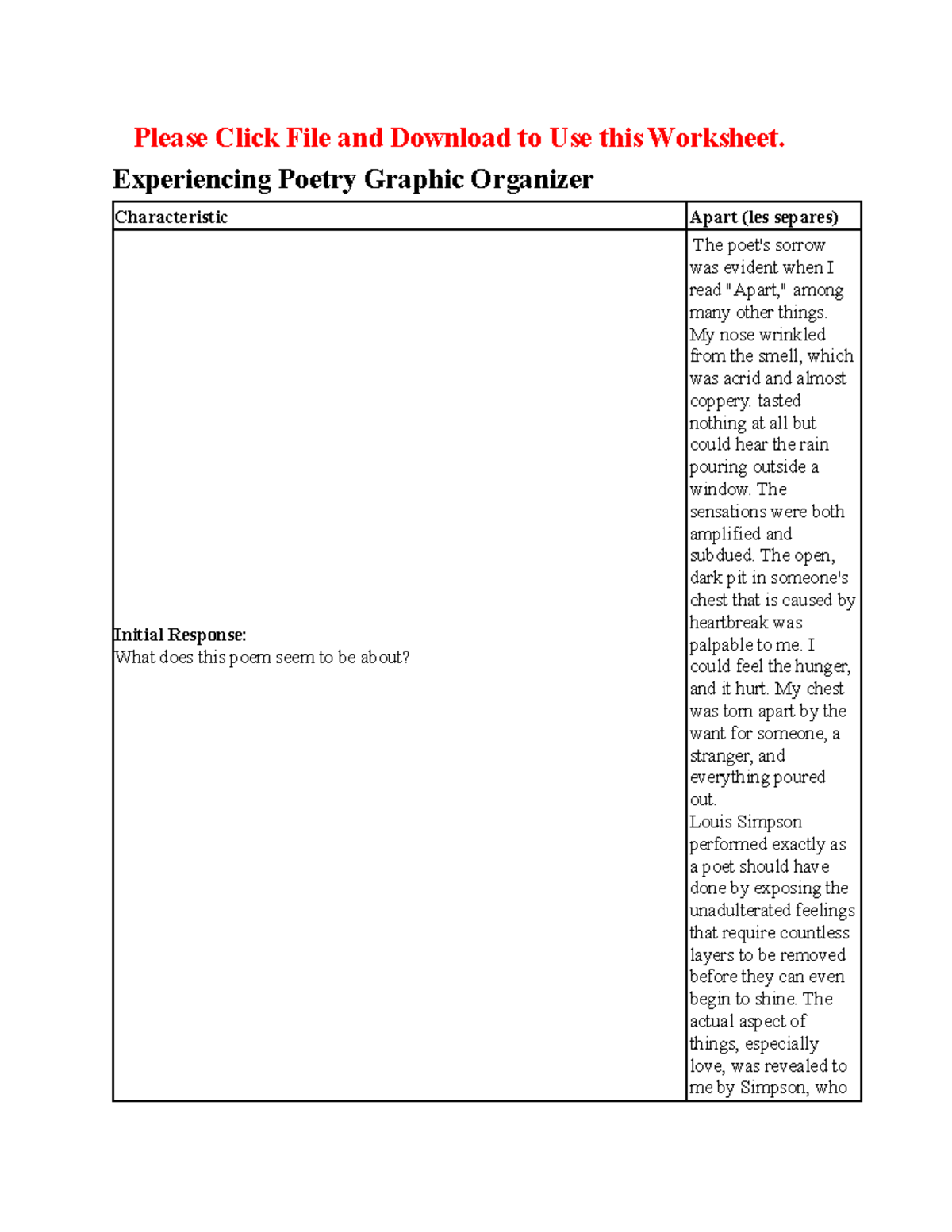 Experiencing Poetry Graphic Organizer - Studocu