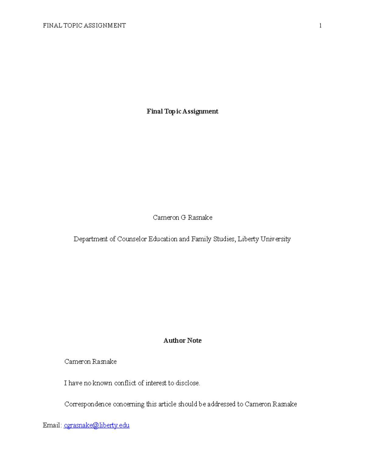 Final Topic Assignment - FINAL TOPIC ASSIGNMENT 1 Final Topic ...