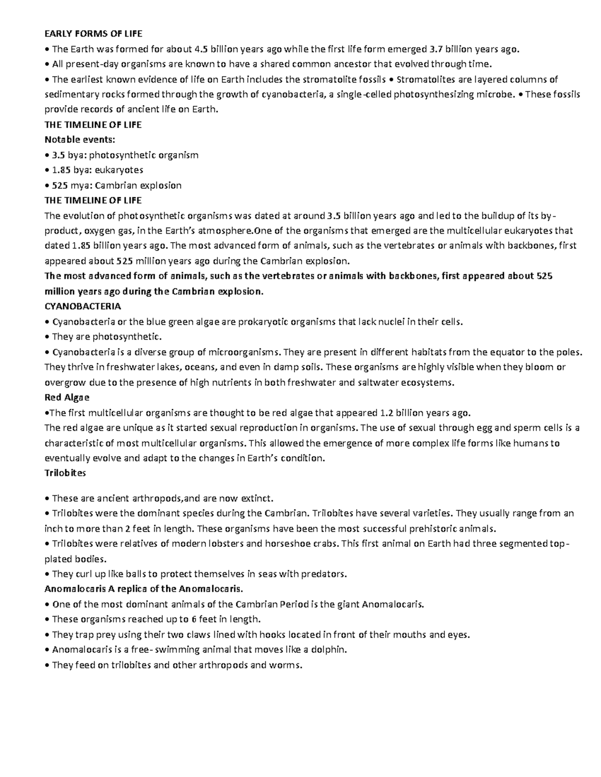 Early Forms OF LIFE - Lecture notes 1 - EARLY FORMS OF LIFE The Earth ...