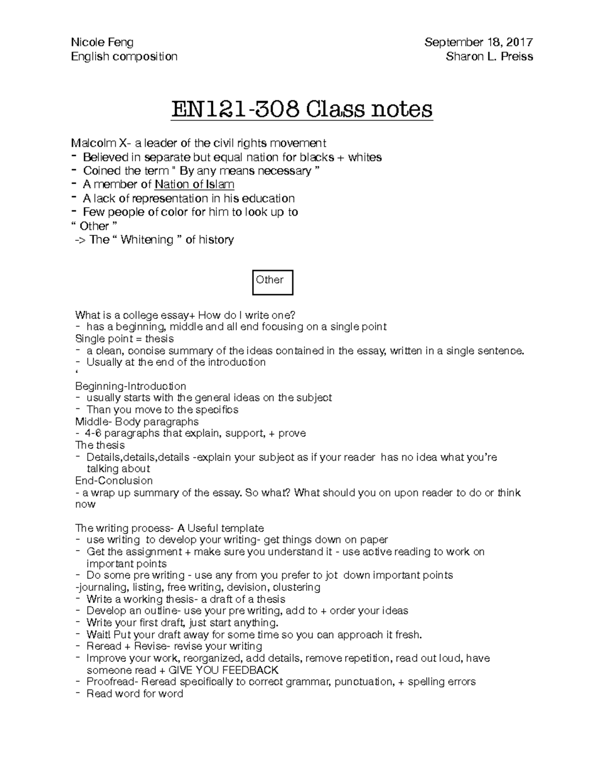 EN121-308 Notes - Nicole Feng English composition September 18, 2017 ...