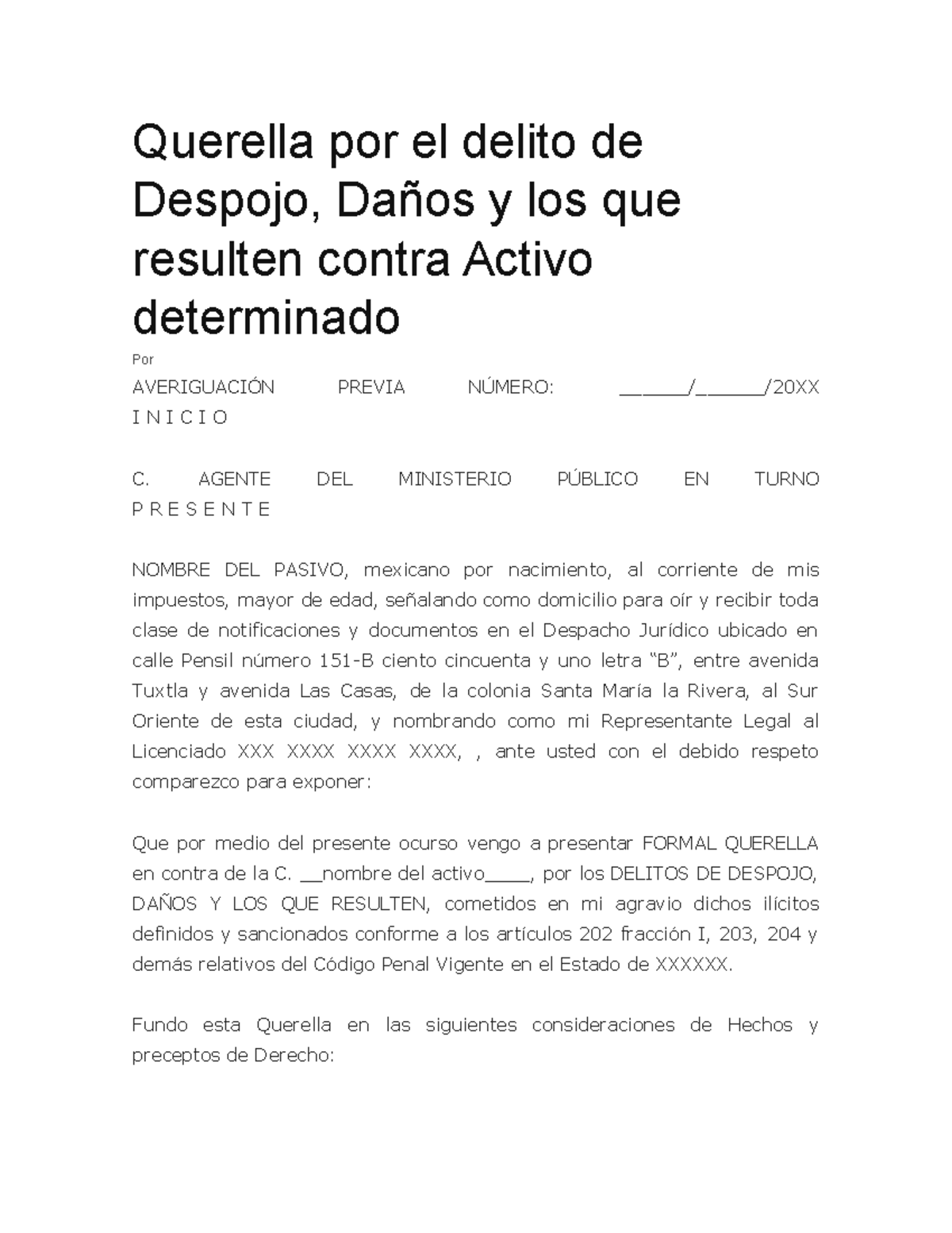 Querella Por El Delito De Despojo Querella Por El Delito De Despojo