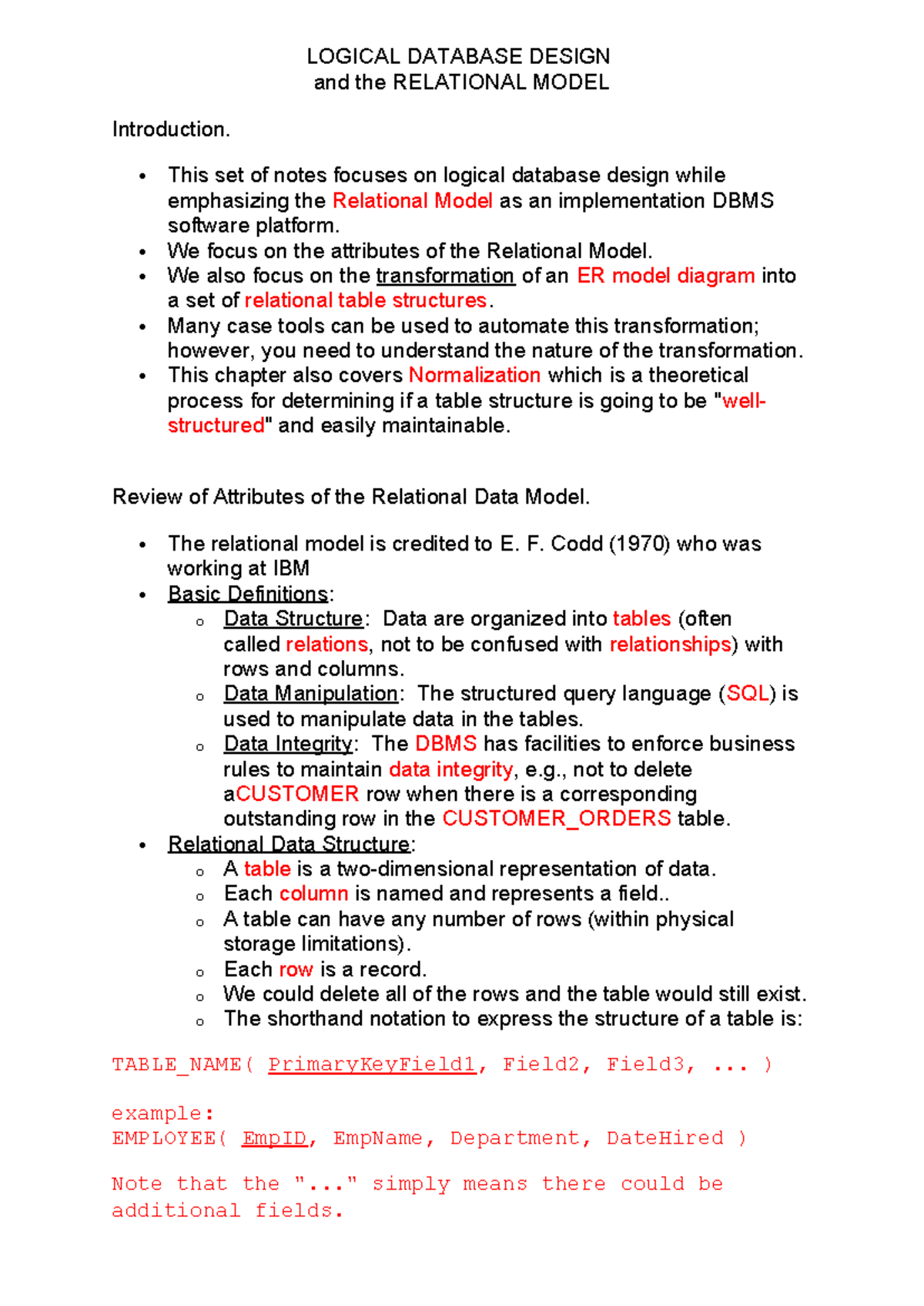 Transformationofan ER - LOGICAL DATABASE DESIGN and the RELATIONAL ...