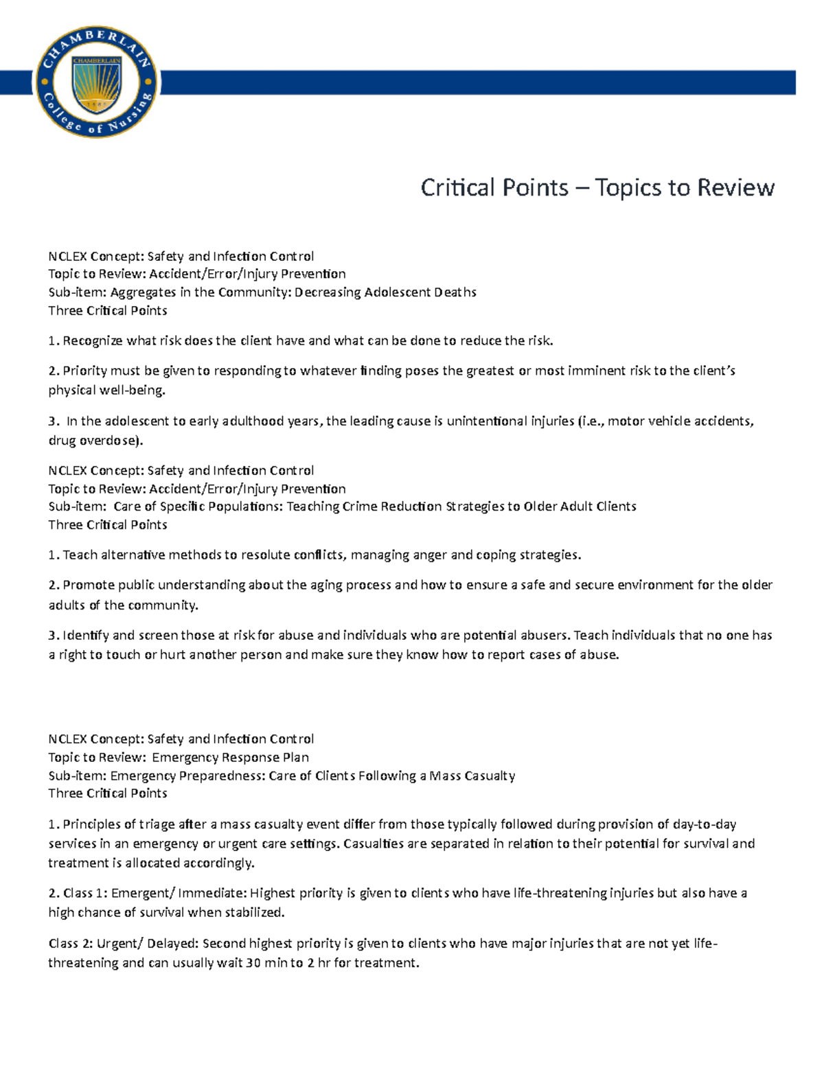 Critical points for practice b - ATI REMEDIATION: CLINICAL COURSES ...