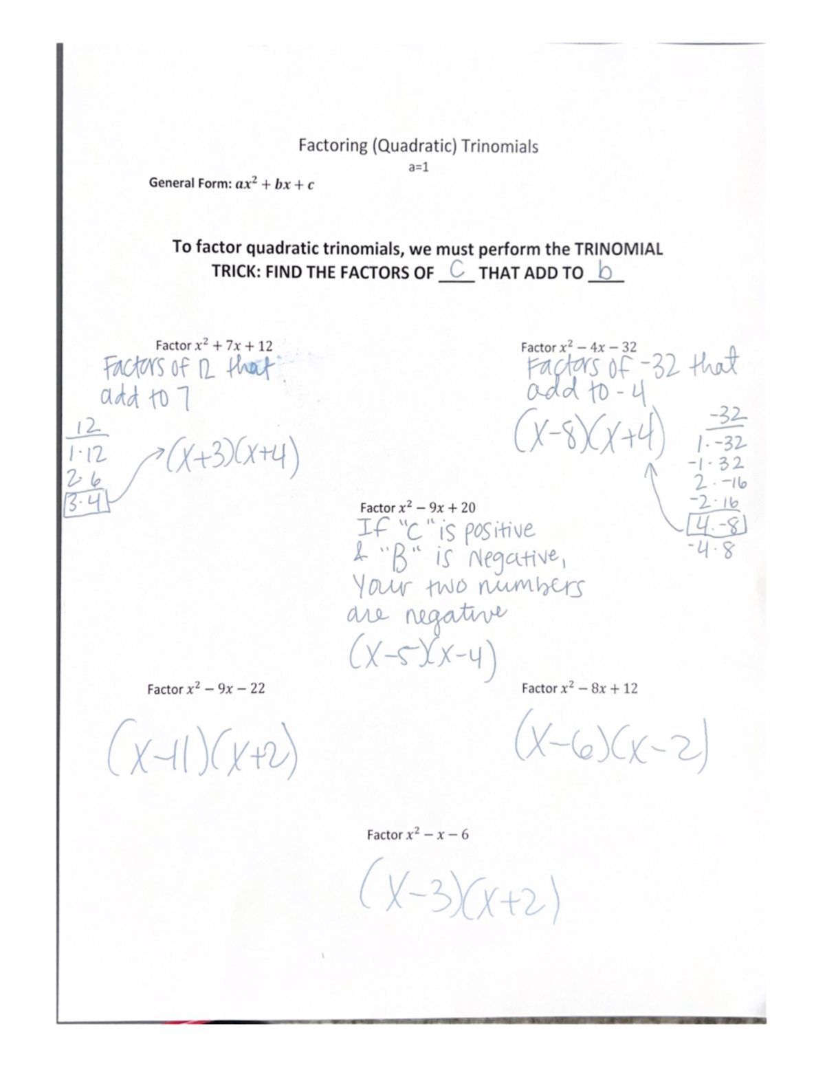Factoring a=1 notes answers - Studocu