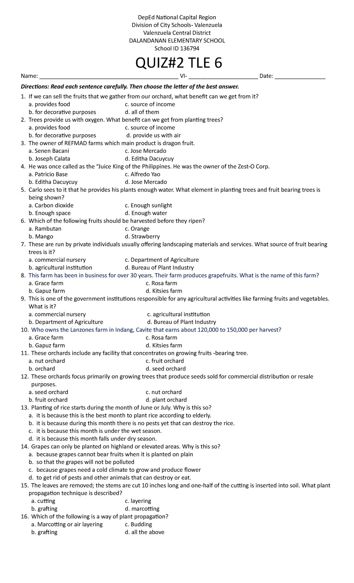 Q3 QUIZ#2 TLE 6 - assessment - DepEd National Capital Region Division ...