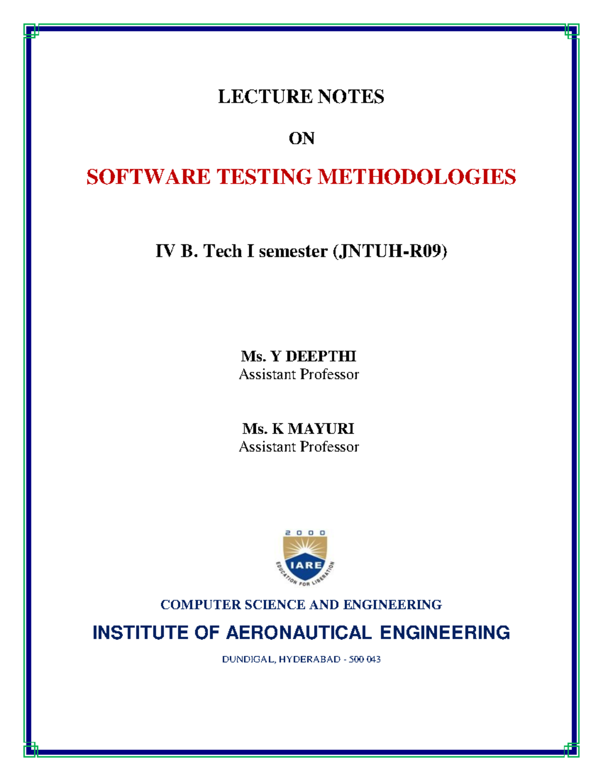 STM- Lecture Notes 0 - LECTURE NOTES ON SOFTWARE TESTING METHODOLOGIES ...