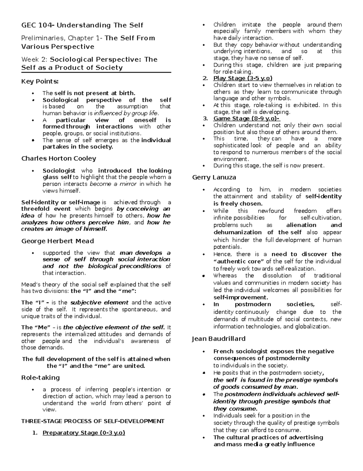 GEC 104- Review - GEC 104- Understanding The Self Preliminaries, Chapter 1- The Self From ...