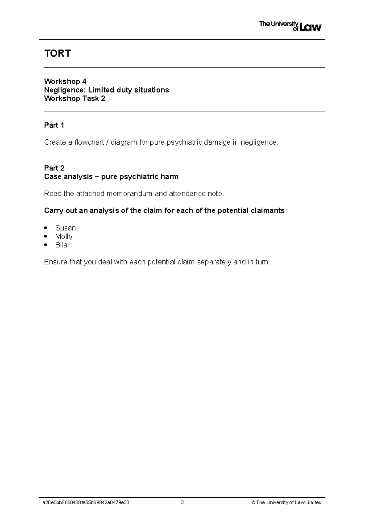 Workshop 4B - TORT Workshop 4 Negligence: Limited duty situations ...