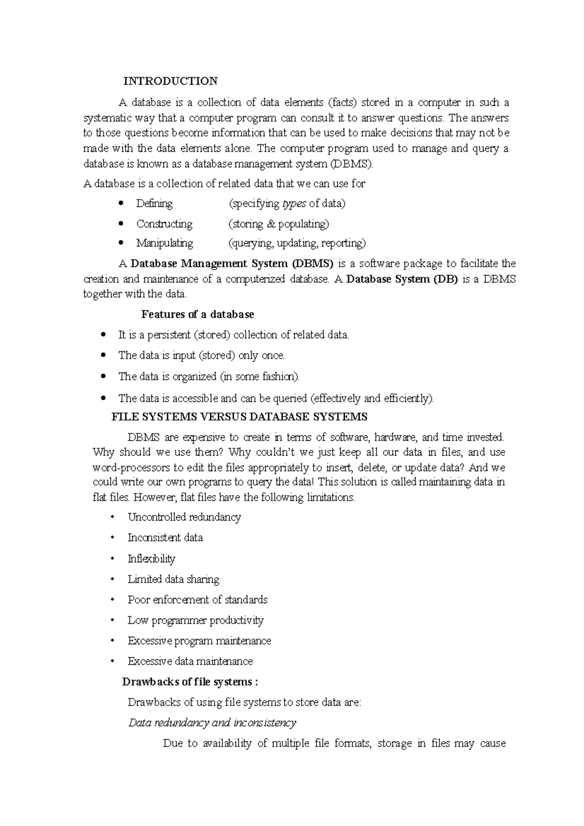 Dbms Notes Dbms Introduction A Database Is A Collection Of Data Elements Facts Stored In A