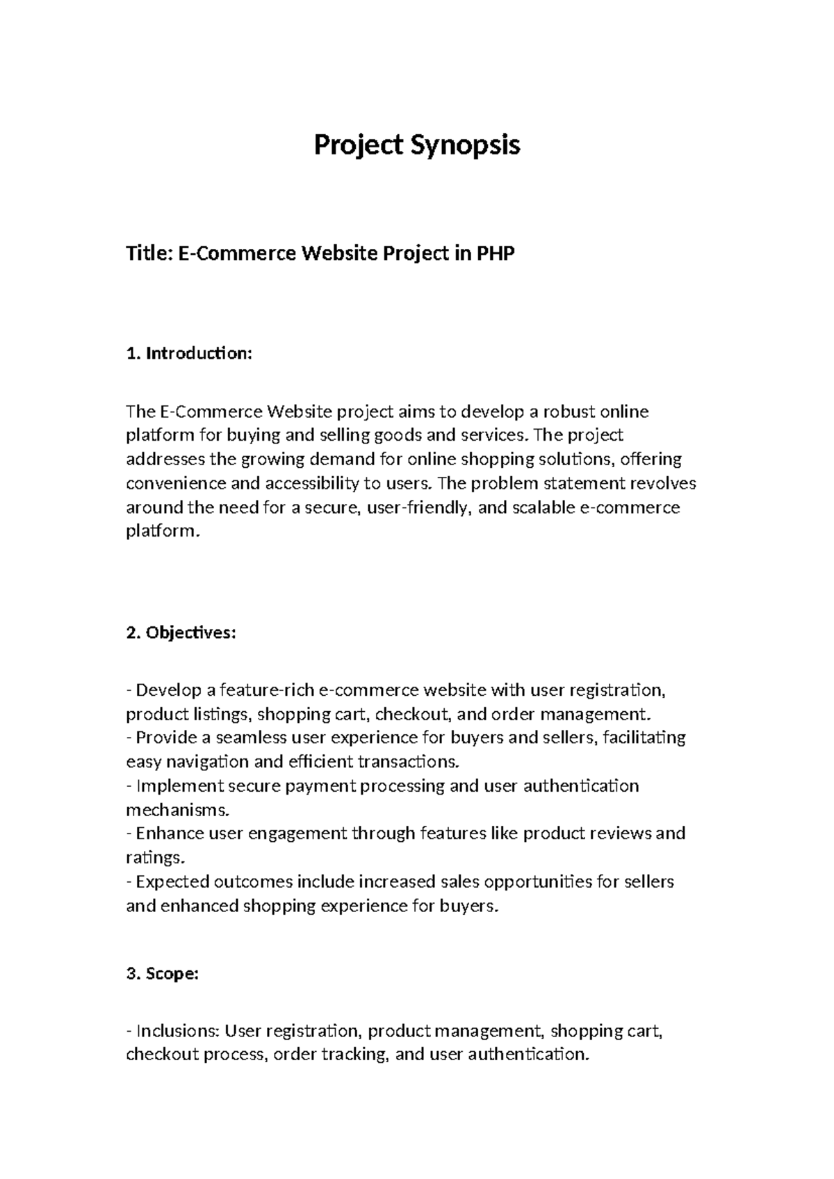 Project Synopsis - Project Synopsis Title: E-Commerce Website Project ...