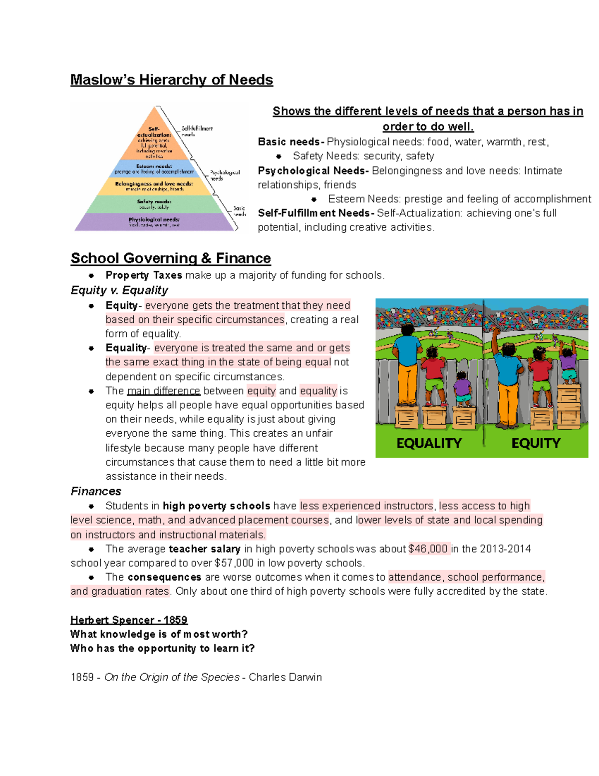 EDUC 200-notes - Notes from Tim Thomas - Maslow’s Hierarchy of Needs ...