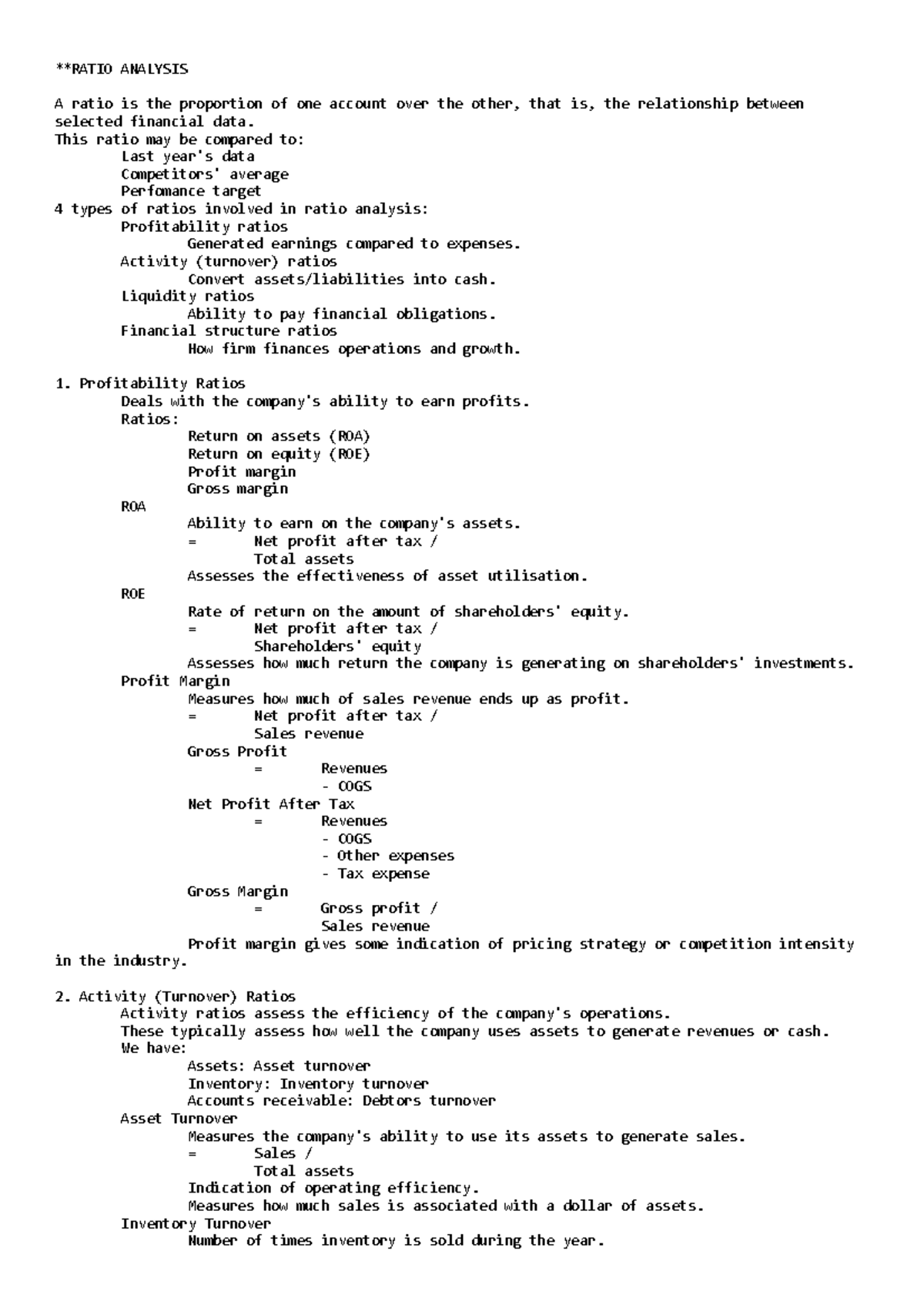 Ratio Analysis - Summary of concepts and list of formulas - **RATIO ...