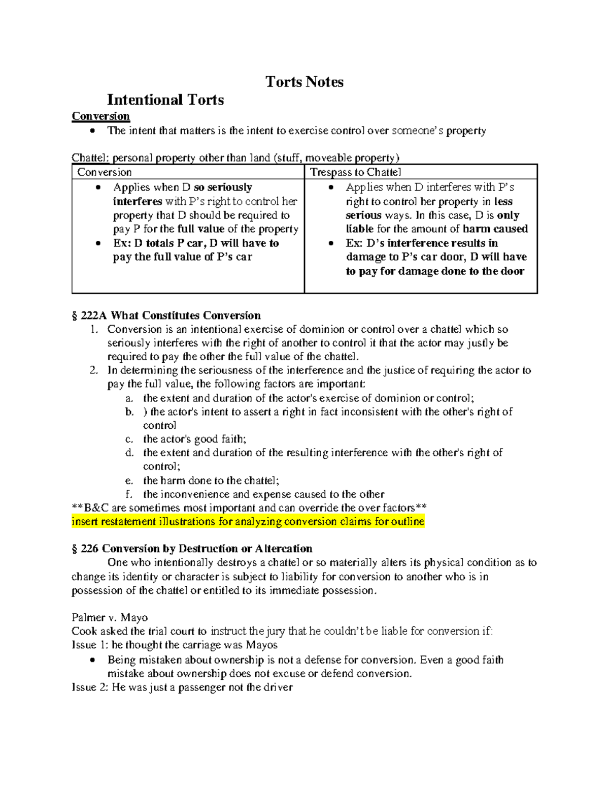 Torts Notes - Torts Notes Intentional Torts Conversion - The intent ...