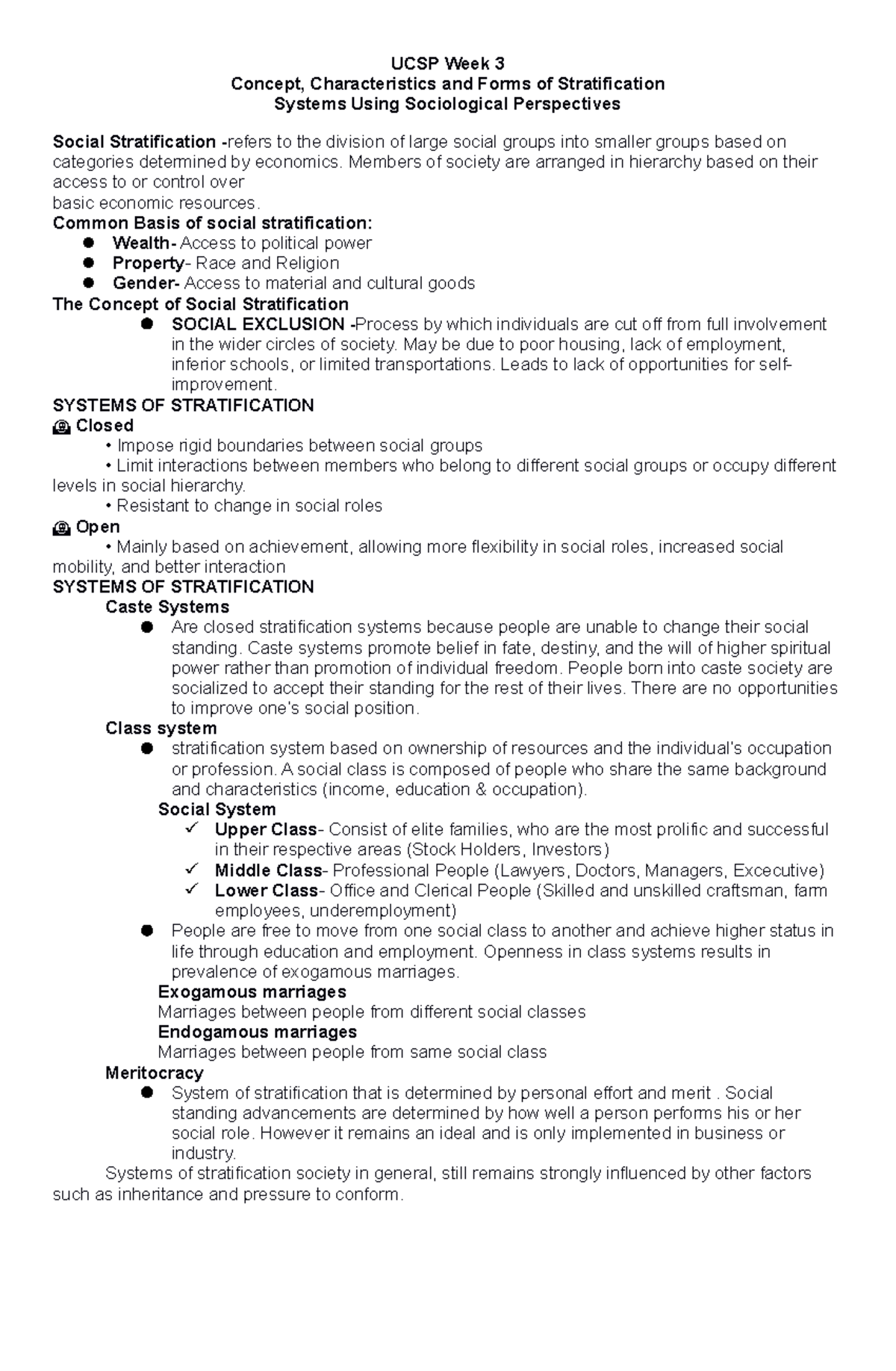 Stratification- Handouts - UCSP Week 3 Concept, Characteristics and ...