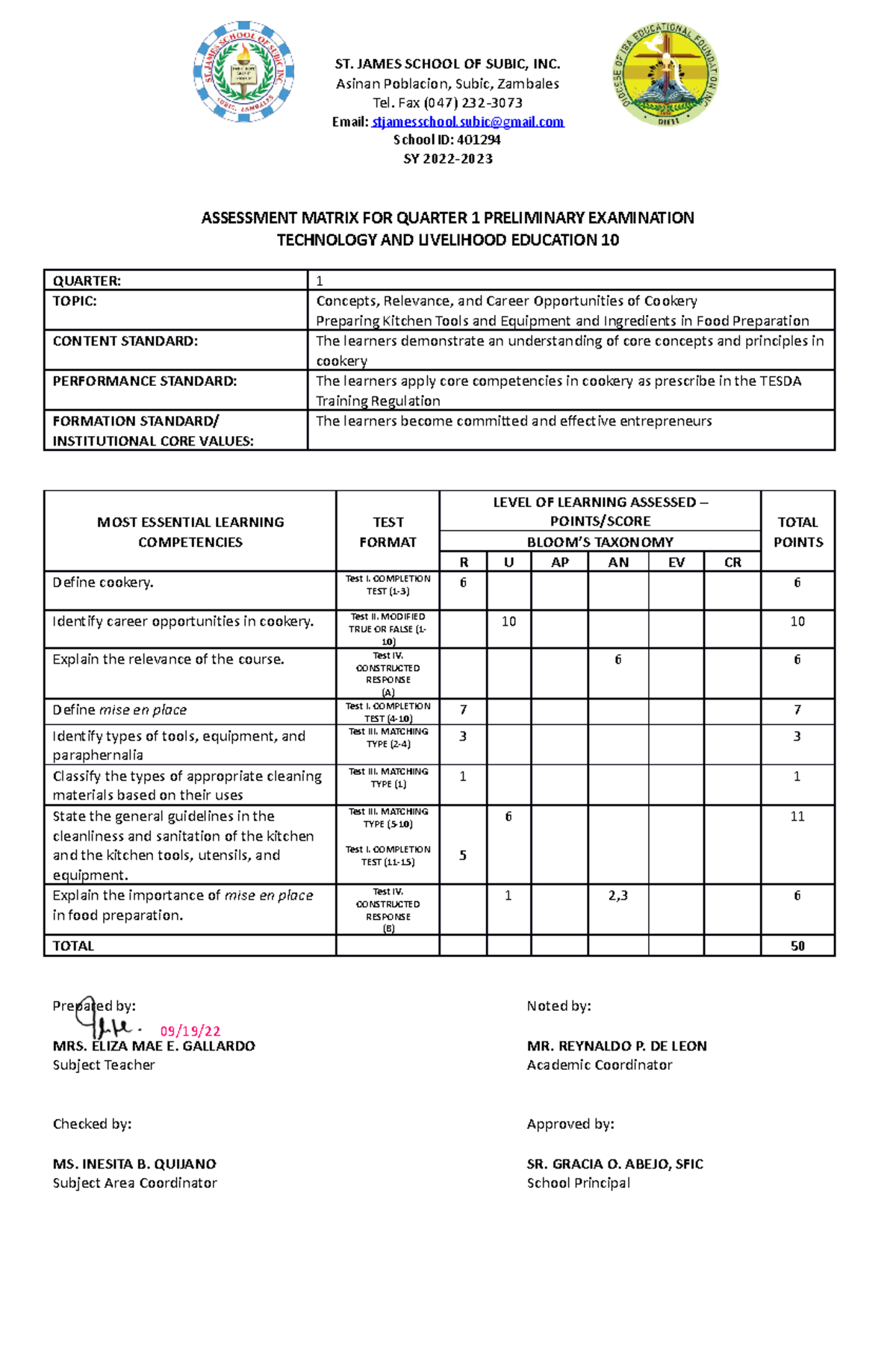Q1-TQ TLE10 Prelimenary-Exam - 09/19/ ST. JAMES SCHOOL OF SUBIC, INC ...