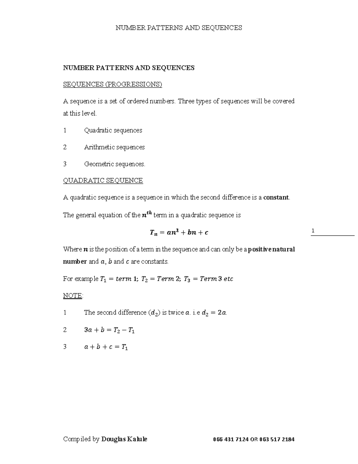 Number Patterns AND Sequences mathematics - 1 NUMBER PATTERNS AND ...