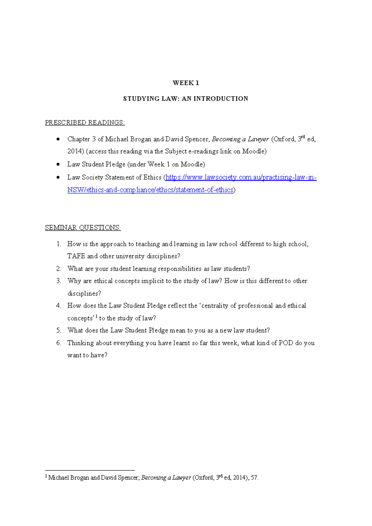 LLB1100 Week 1 Readings and Seminar Questions - WEEK 1 STUDYING LAW: AN ...