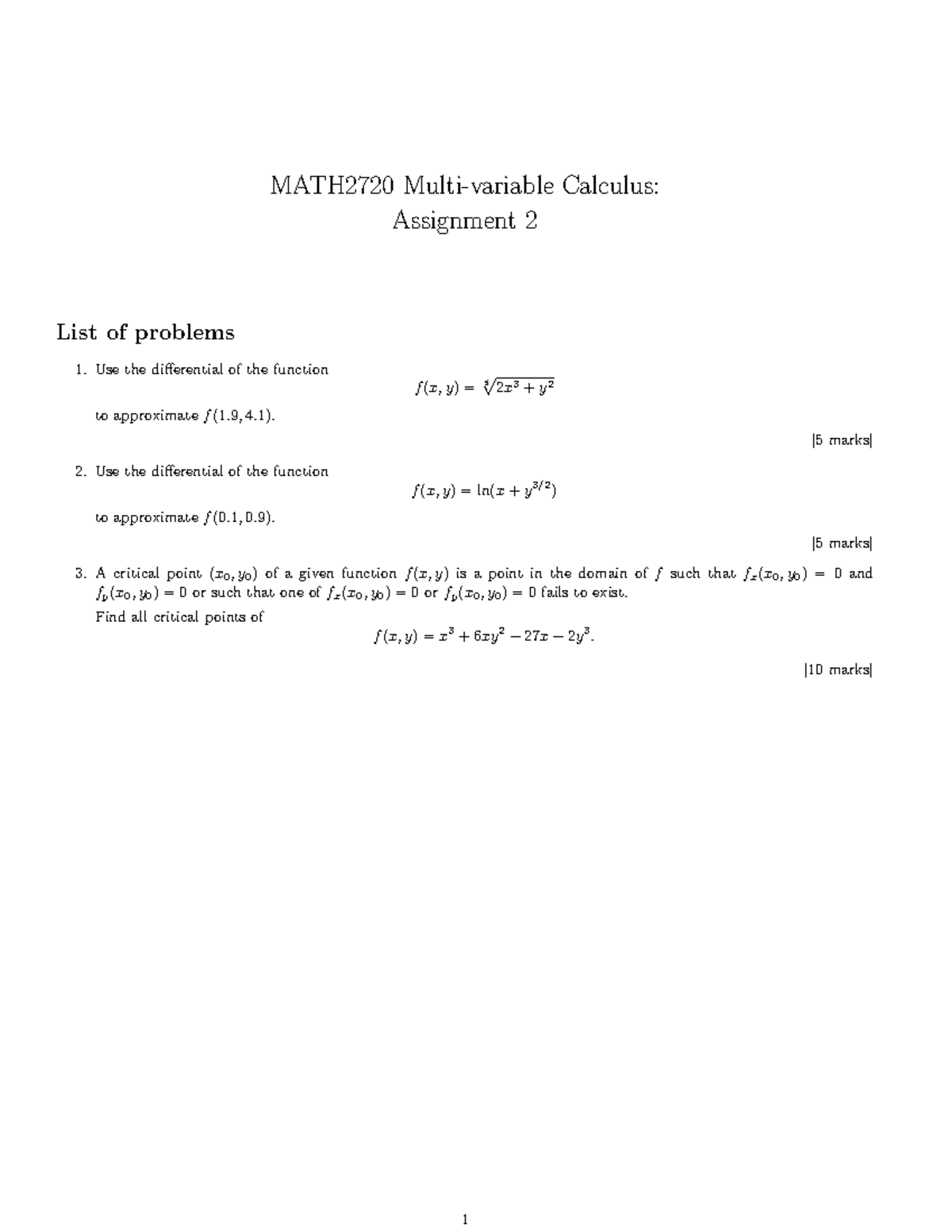 2021F MATH2720 A2 - assignment math 2720 - MATH2720 Multi-variable Calculus: Assignment 2 List ...