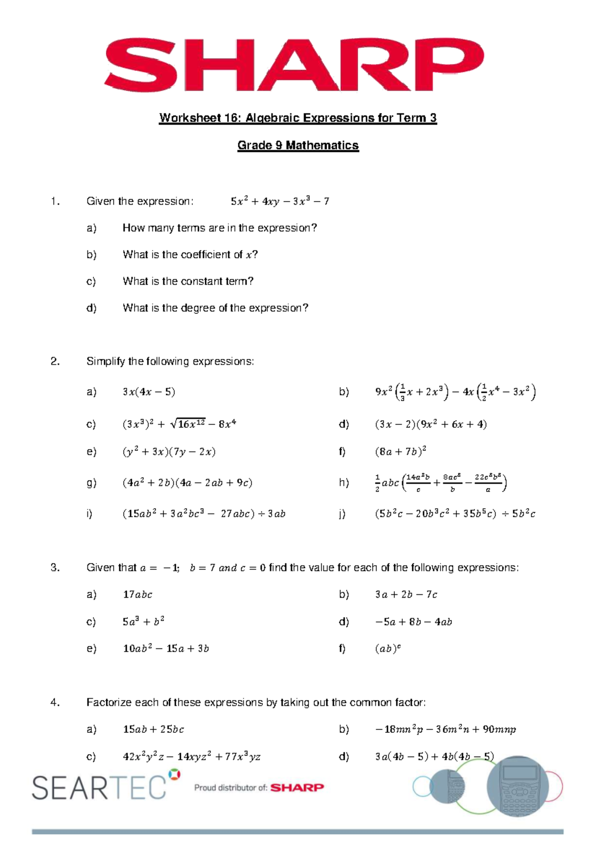 Worksheet 16 Algebraic Expressions fro Term 3 Grade 10 Mathematics ...