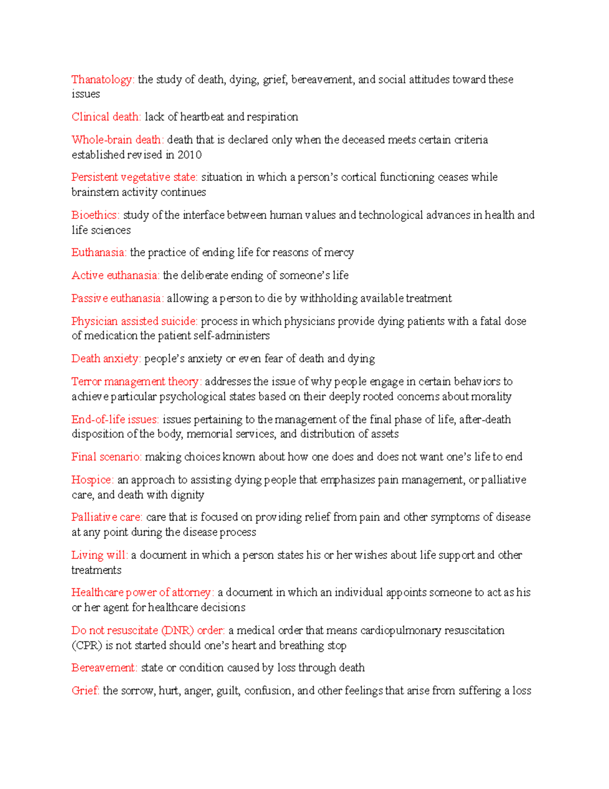 Chapter 13 Vocab - Thanatology: the study of death, dying, grief ...