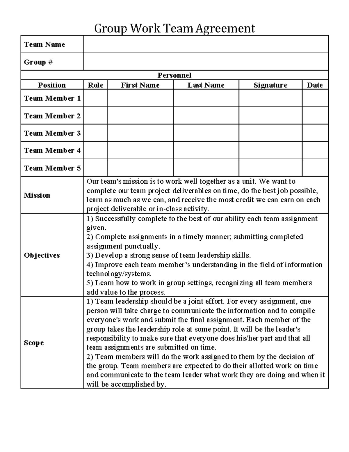 Group Work Team Agreement F22 - Group Work Team Agreement Team Name ...