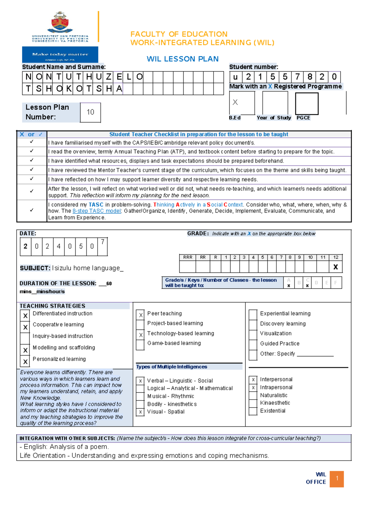 WIL Student Teacher Fill-IN Lesson Plan Template UP (1) (2) - FACULTY OF EDUCATION WORK ...