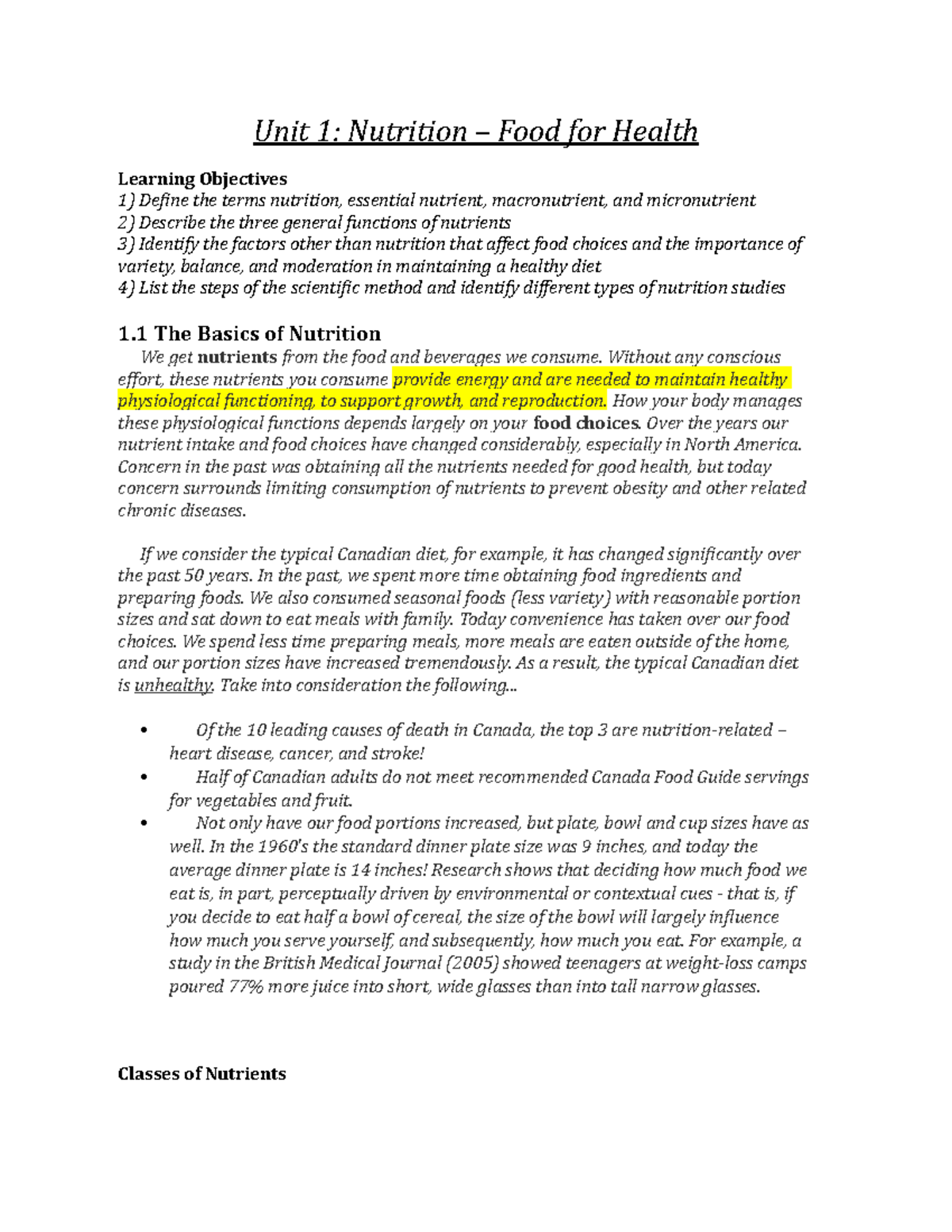 Unit 1 - Nutrition – Food for Health - Unit 1: Nutrition – Food for ...