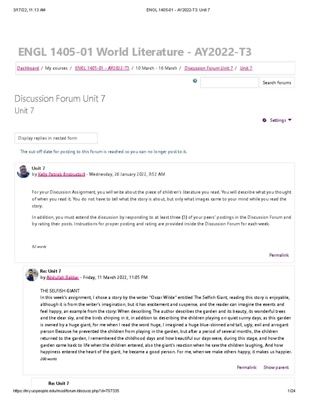 ENGL 1405-01 - AY2022-T3 Unit 7 - ENGL 1405-01 World Literature - AY2022-T Discussion Forum Unit ...