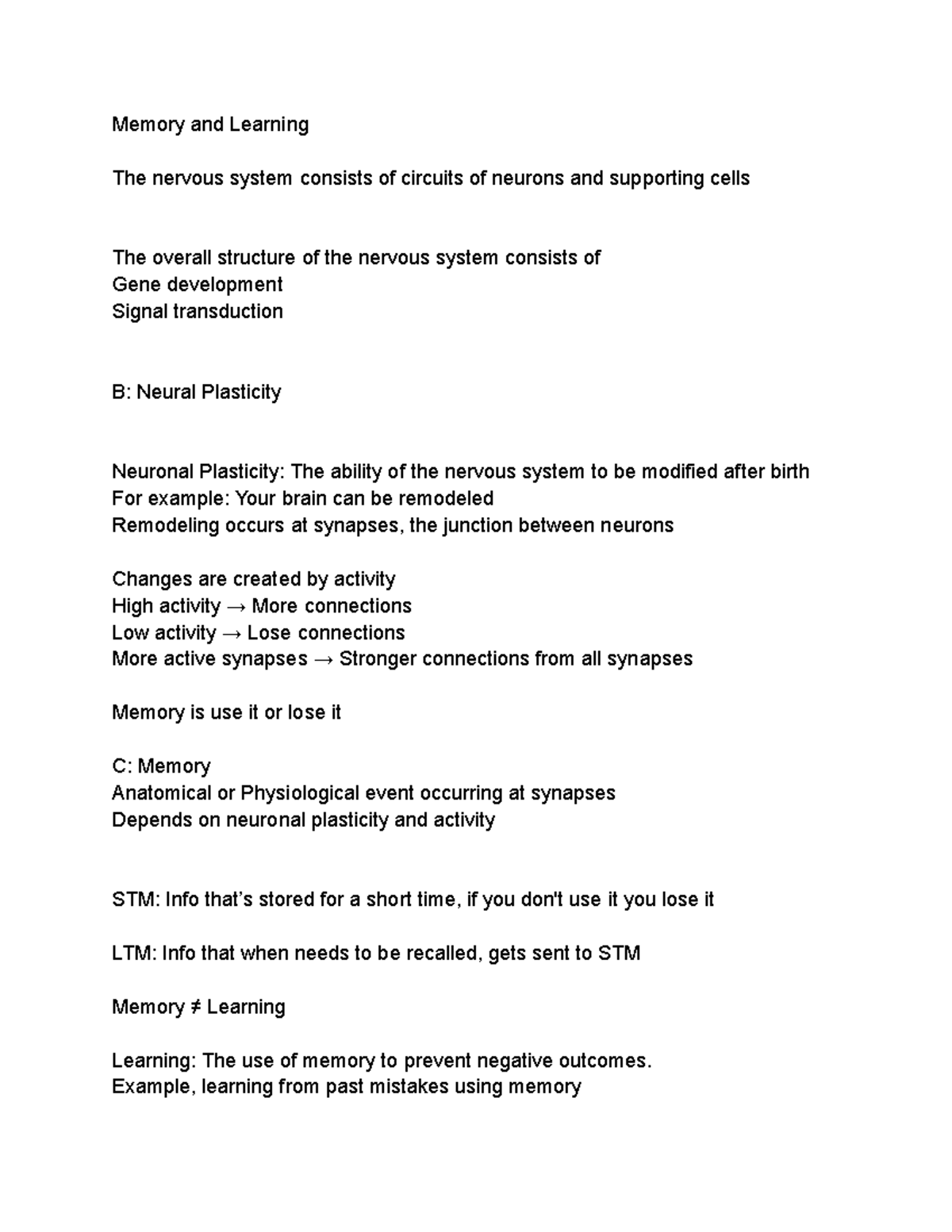 General biology lecture 3.3 notes - Memory and Learning The nervous ...