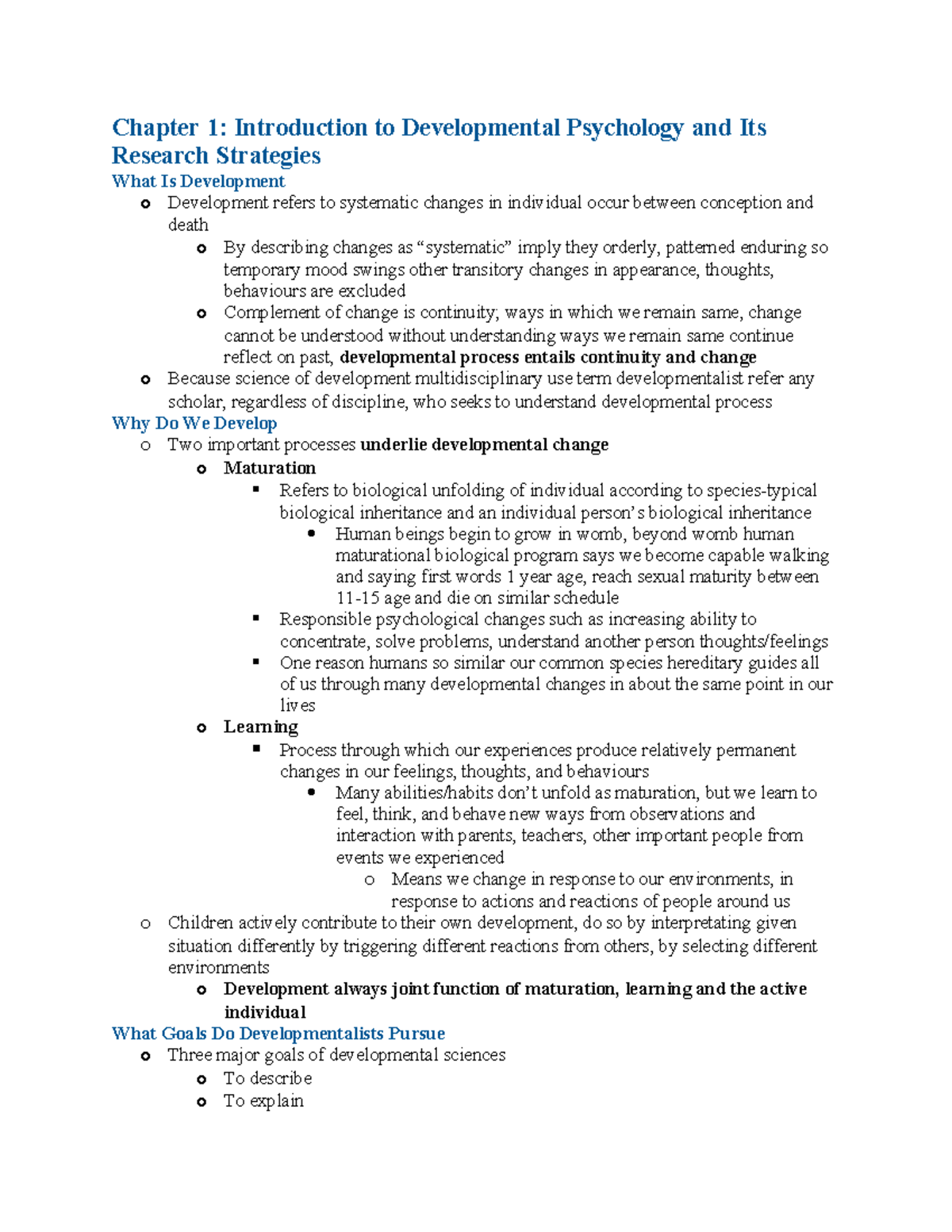 Textbook Notes Chapter 1 + 2 - Chapter 1: Introduction to Developmental ...