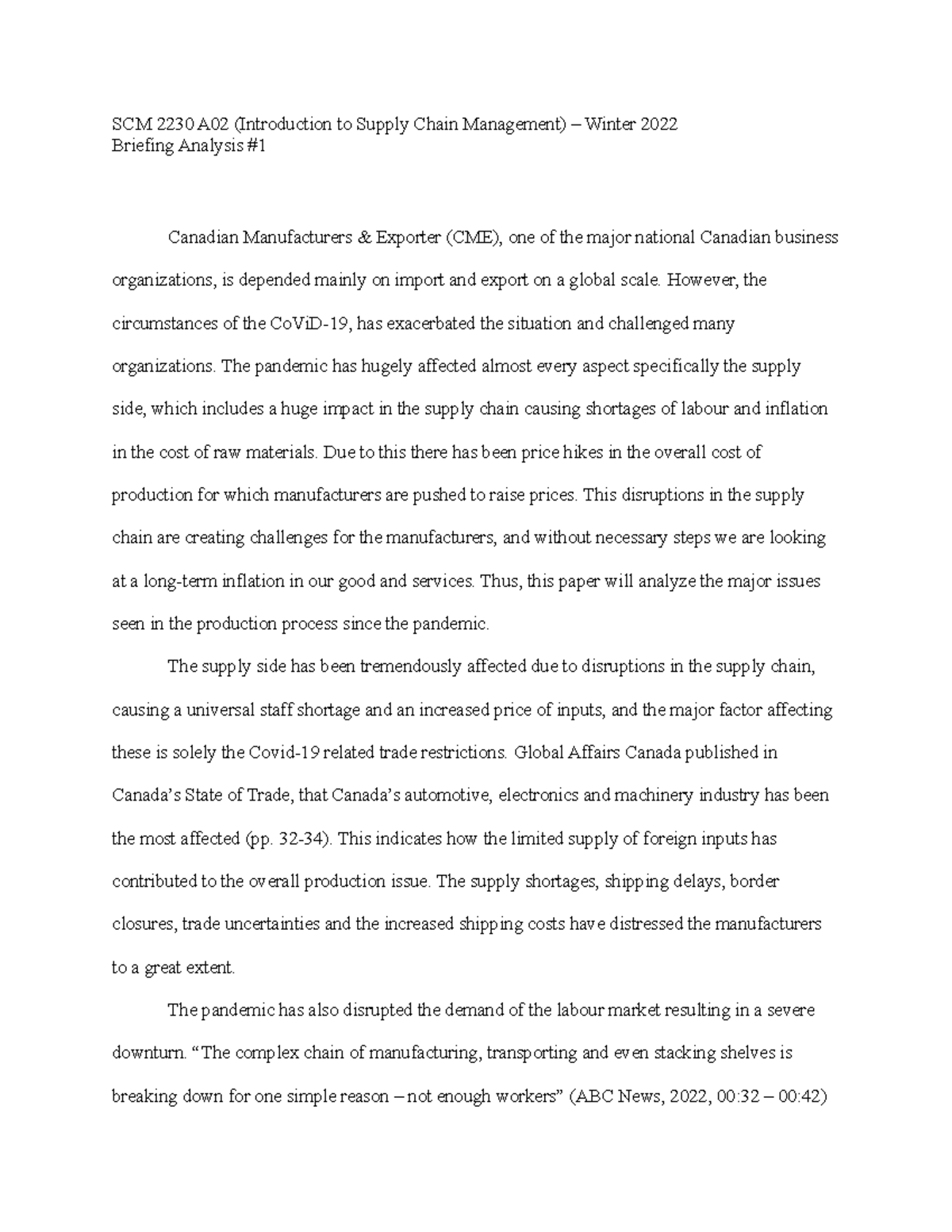 Briefing Analysis#1 - SCM 2230 A02 (Introduction to Supply Chain Management) – Winter 2022 ...