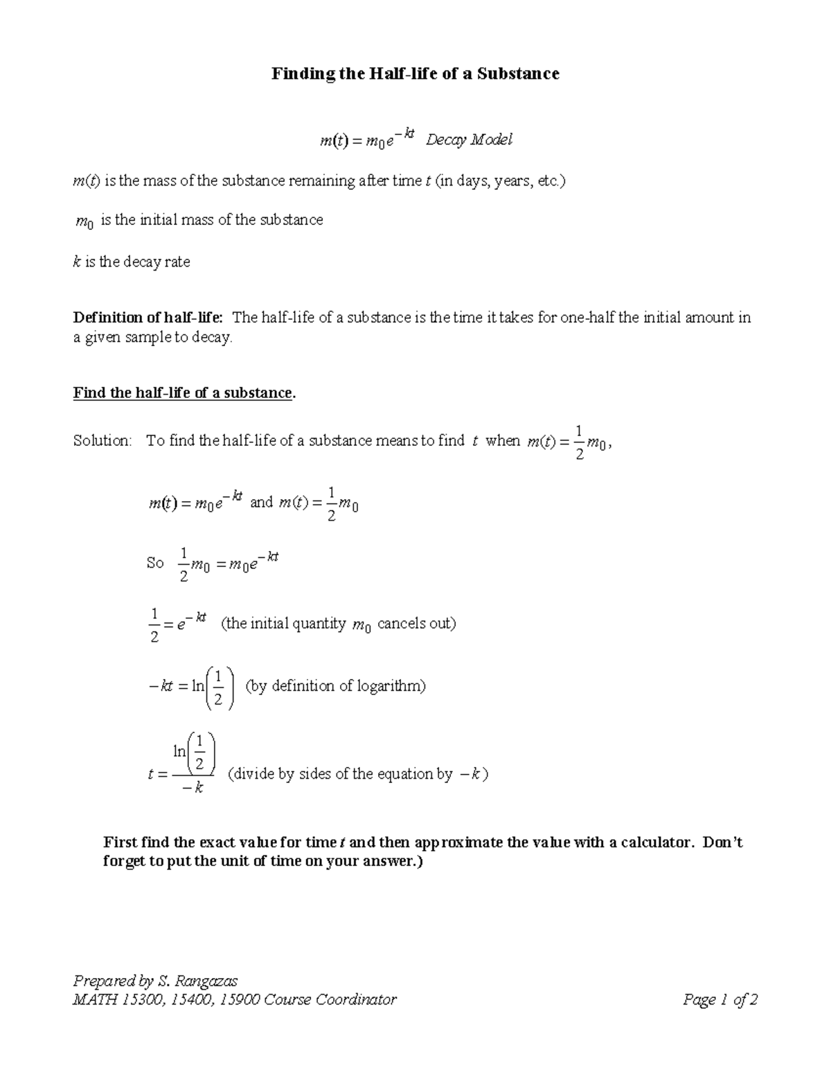 Half-Life+Handout - College algebra - Finding the Half-life of a ...