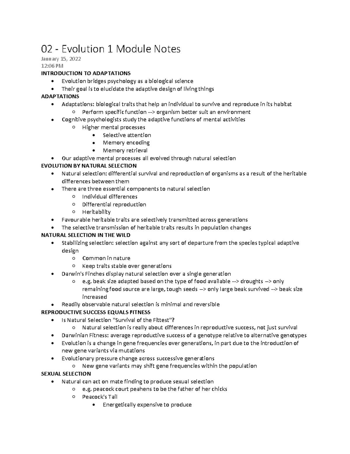 PSYCH 1XX3 Evolution Notes - 02 - Evolution 1 Module Notes January 15 ...