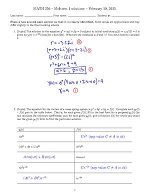 Midterm Oct 2021 solns - Math 256 Midterm October 15, 2021 Name: Student number: Rules Use of ...