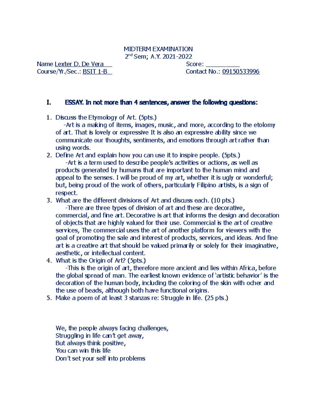 Midterm Exam 2022 Visual Arts - MIDTERM EXAMINATION 2 nd Sem; A. 2021 ...