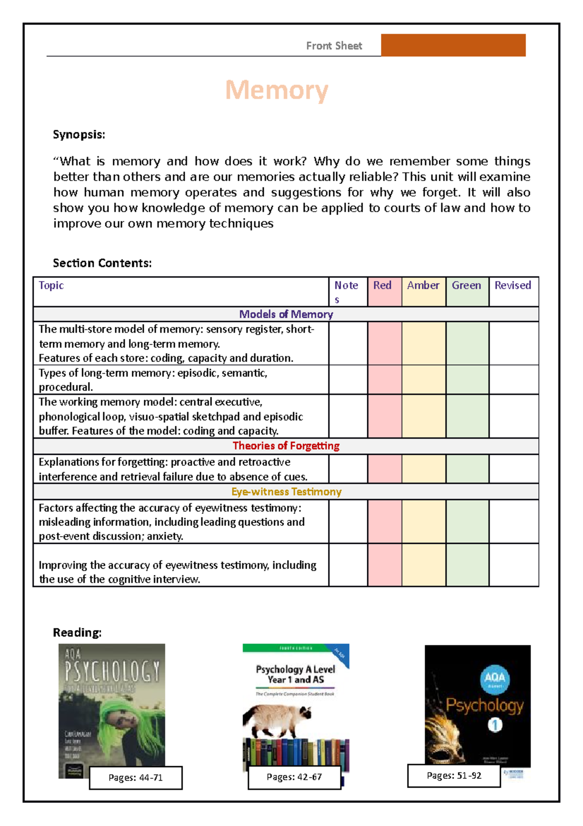 Memory Front Sheet - Front Sheet Synopsis: “What is memory and how does ...