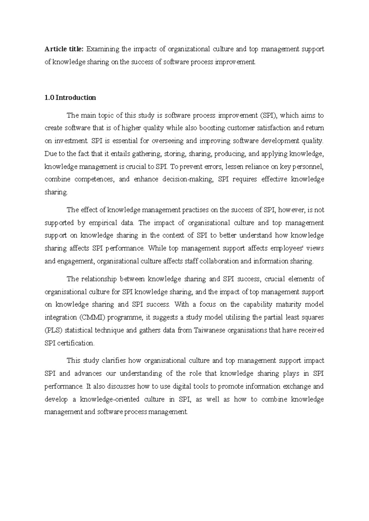 IMS552 individual - Article title: Examining the impacts of organizational culture and top - Studocu