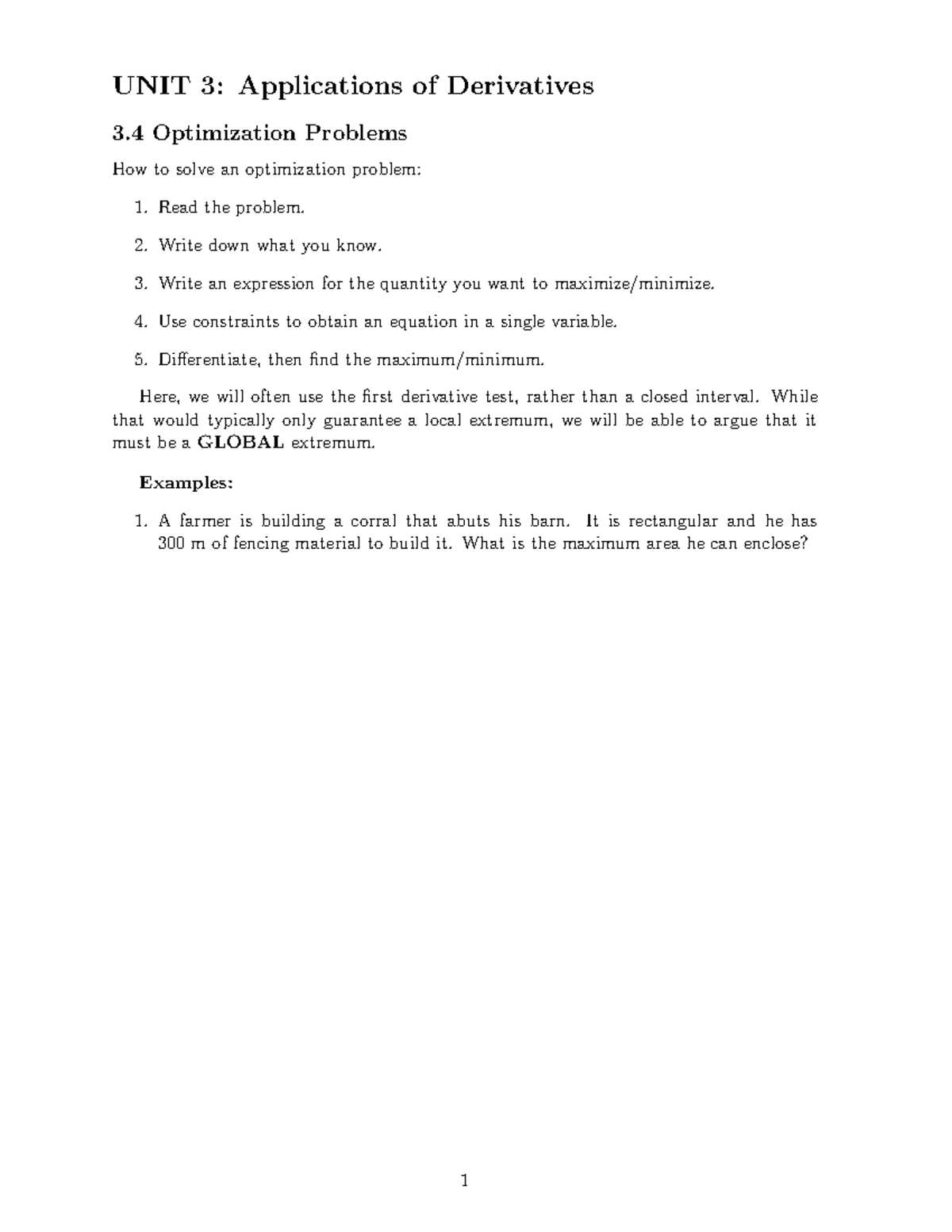 Unit3 - UNIT 3: Applications of Derivatives 3 Optimization Problems How ...