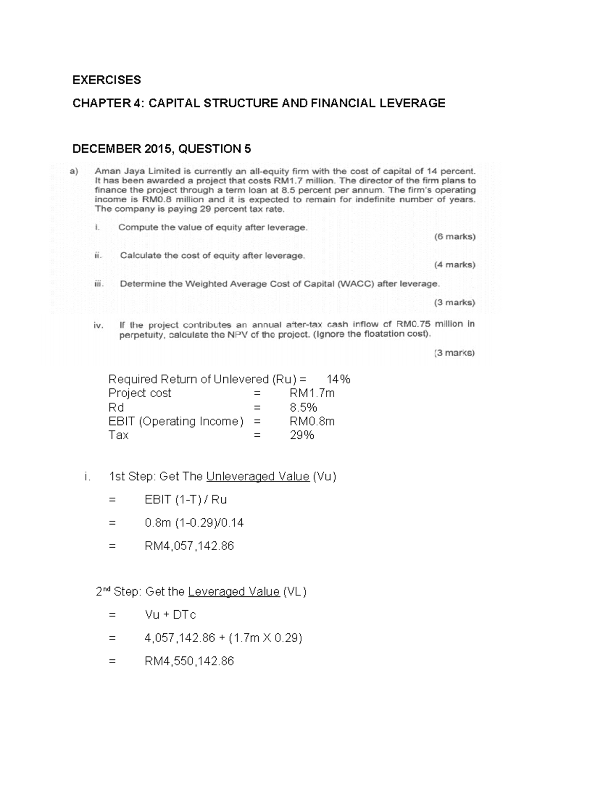 Chapter 4 Exercises - financial corporate advance - EXERCISES CHAPTER 4: CAPITAL STRUCTURE AND ...