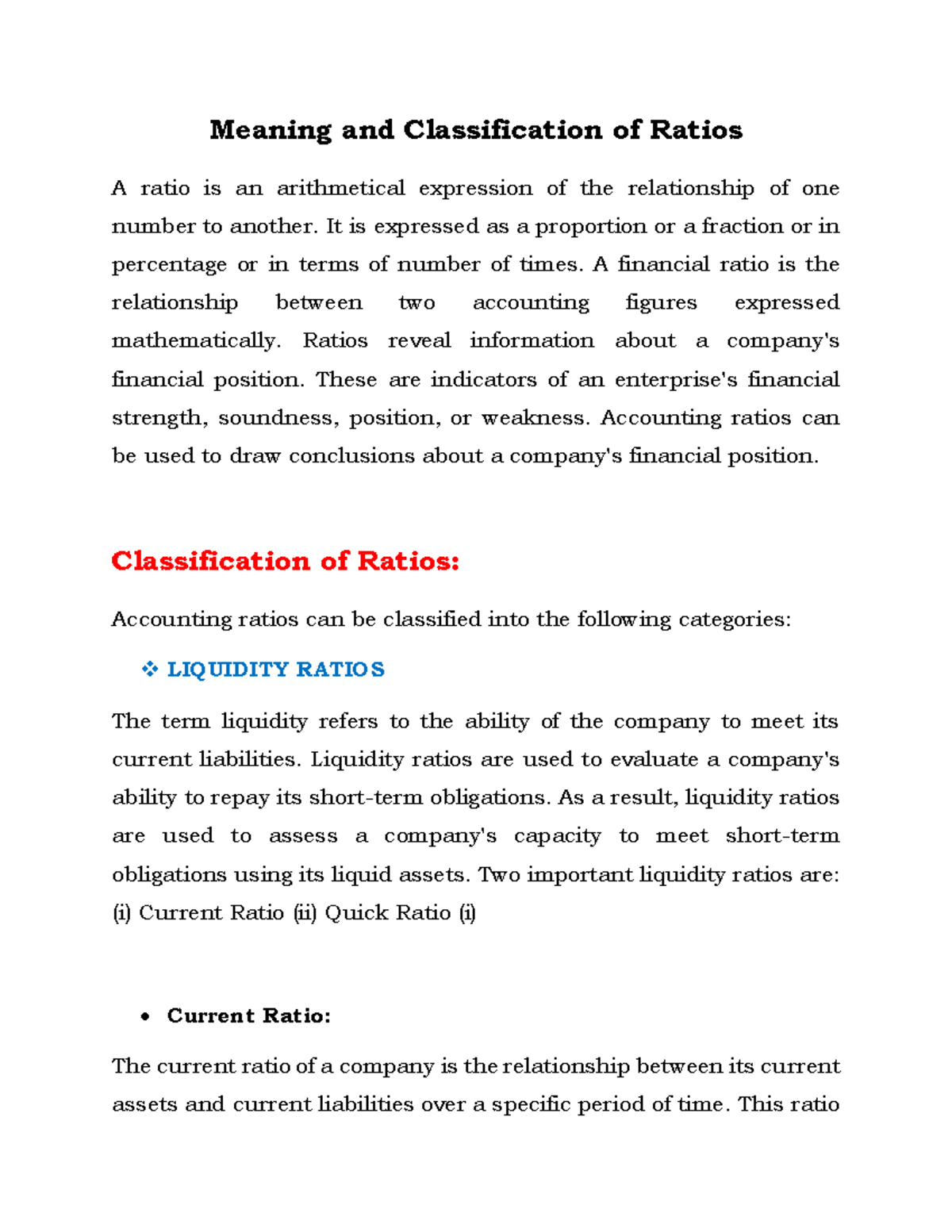 Meaning and Classification of Ratios with their significance - Meaning ...