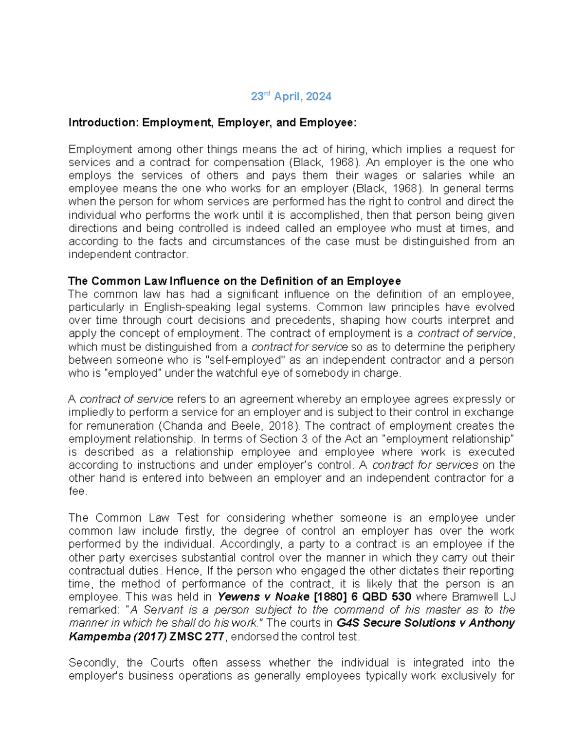 Employment and Labour Law - 23 rd April, 2024 Introduction: Employment ...