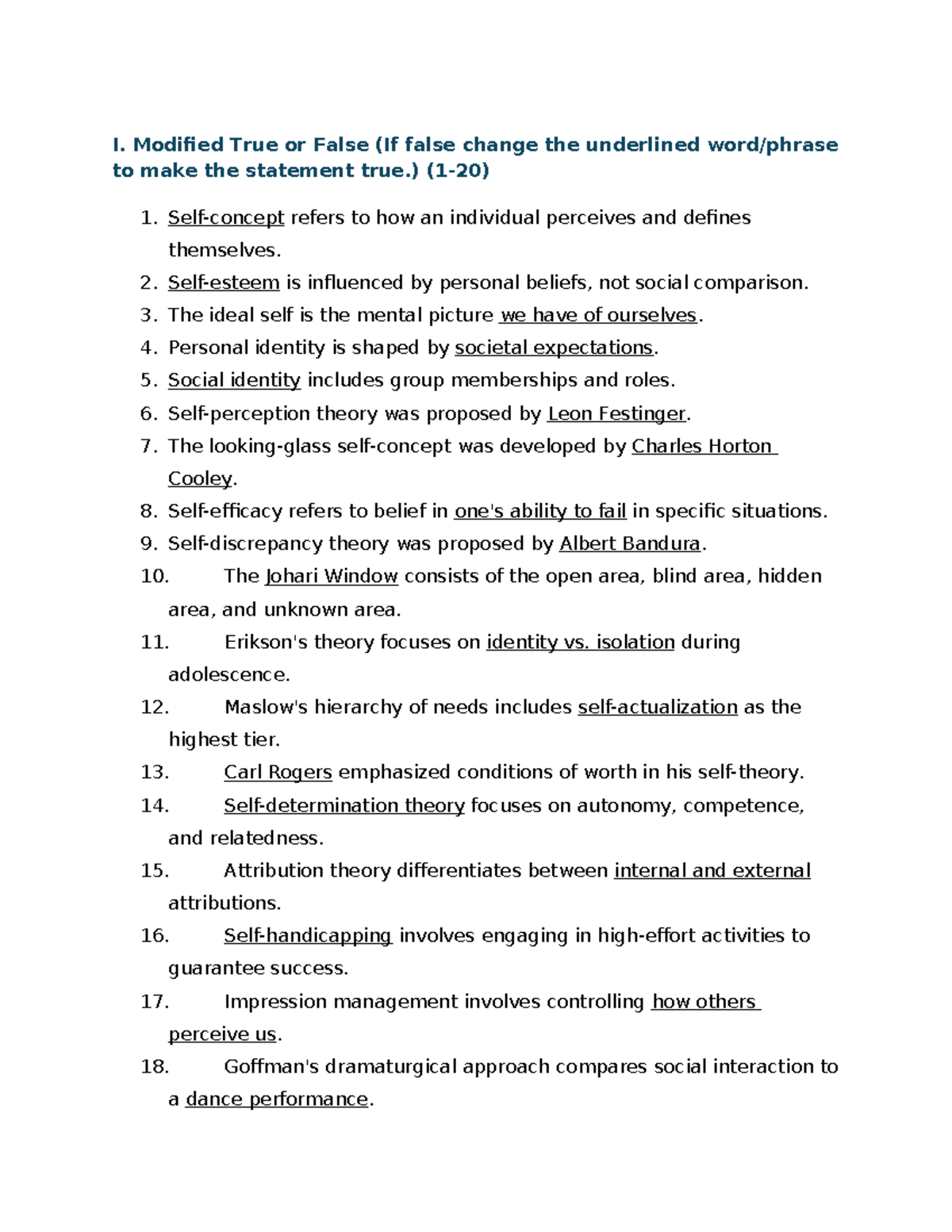 Understanding The Self Quiz - I. Modified True or False (If false ...